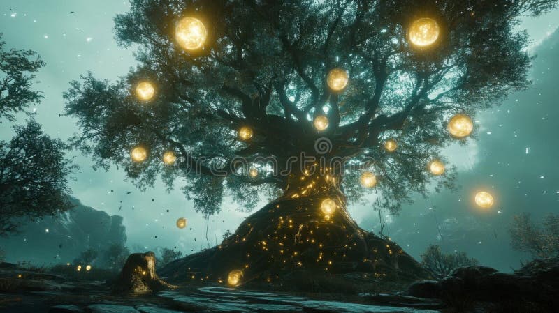Enchanted Tree Glows with Magical Orb Lights at Night, Fantasy World ...