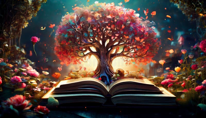 Enchanted Tree Growing from an Open Book Stock Photo - Image of ...