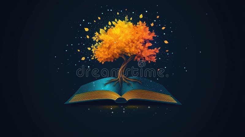 Enchanted Tree Growing from Open Book with Vibrant Leaves and Night Sky ...