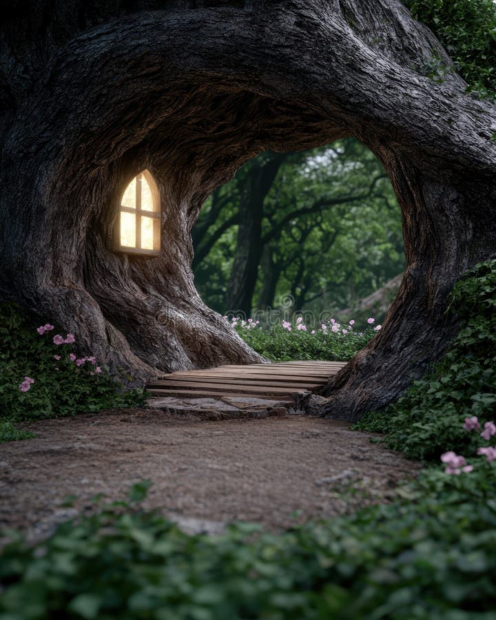 Enchanted Tree House Entrance with Glowing Window and Wooden Bridge ...