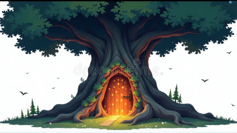 Enchanted Tree House with Glowing Door Stock Illustration ...
