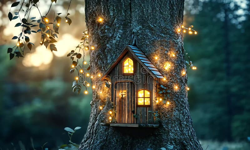 Enchanted Tree House Twilight Forest Lights Stock Footage - Video of ...