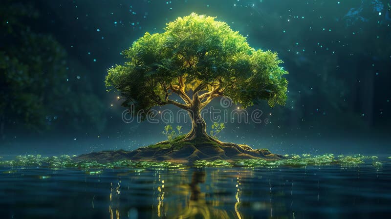 Enchanted Tree Levitating Over Water, Night Glow, Clean Background ...