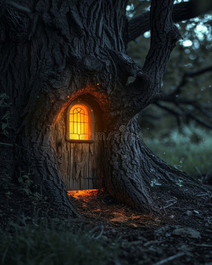Enchanted Tree with a Magical Door at Twilight Stock Illustration ...