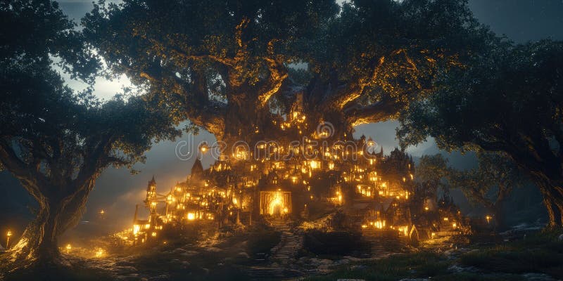 Enchanted Tree Magical Golden Lights Stock Illustration - Illustration ...