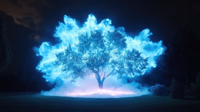 Enchanted Tree with Neon Glow Illuminating Night Garden Landscape Stock ...