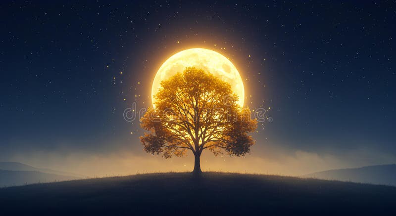 Enchanted Tree Silhouette with Glowing Full Moon Under Starry Night Sky ...