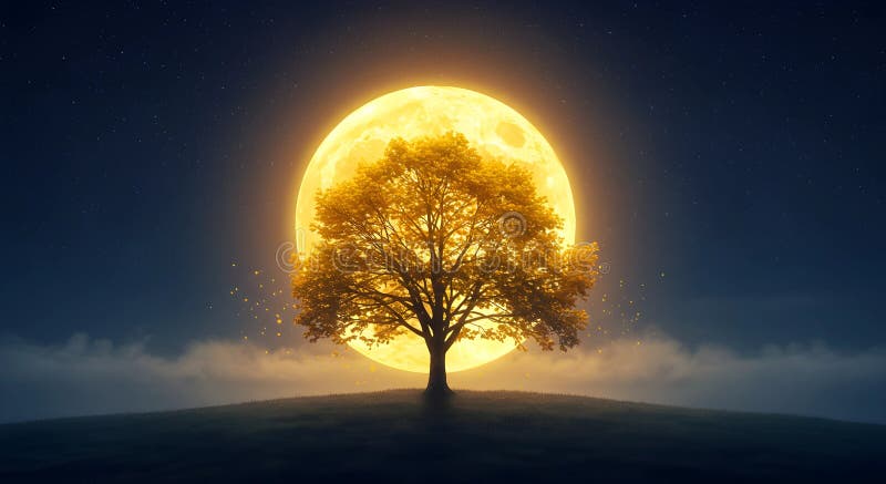 Enchanted Tree Silhouette with Glowing Full Moon Under Starry Night Sky ...