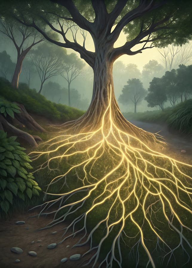 Enchanted Tree with Softly Glowing Interwoven Roots in Mystical Forest ...