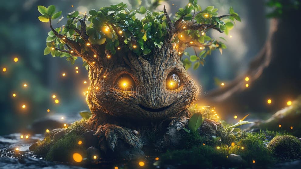Enchanted Tree Sprite in a Glowing Forest Stock Illustration ...