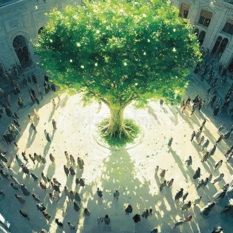 Enchanted Tree in Sunlit Courtyard Gathering with Crowds Stock Photo ...