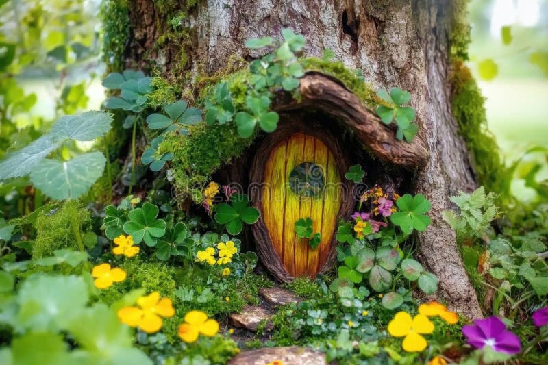 Enchanted Tree with Tiny Door Amid Colorful Wildflowers in Lush Forest ...