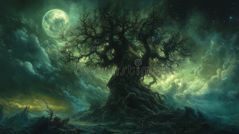 Enchanted Tree Under a Full Moon at Night Stock Illustration ...