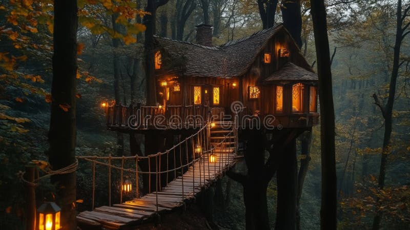 Enchanted Treehouse in Autumn Forest at Night Stock Illustration ...