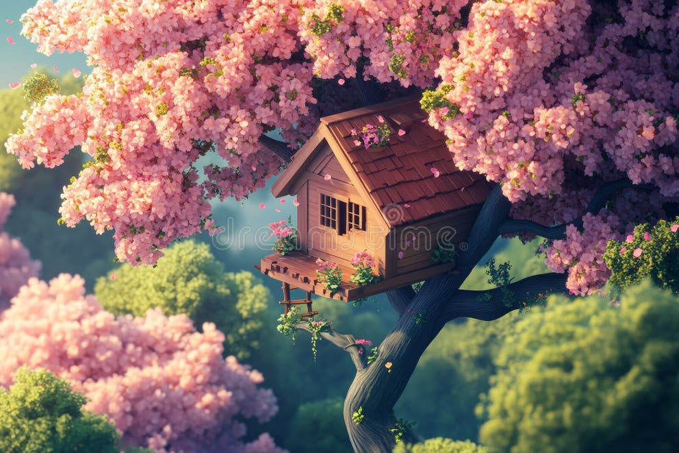 Enchanted Treehouse in a Blooming Spring Forest Stock Illustration ...