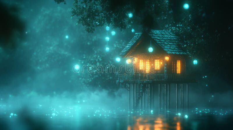Enchanted Treehouse in a Blue Night Forest Stock Illustration ...