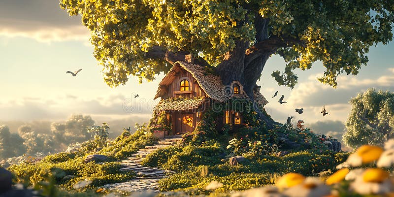 Enchanted Treehouse Fantasy Art Stock Illustration - Illustration of ...