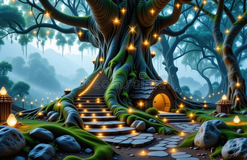 Enchanted Treehouse with Moonlit Sky Stock Image - Image of digital ...