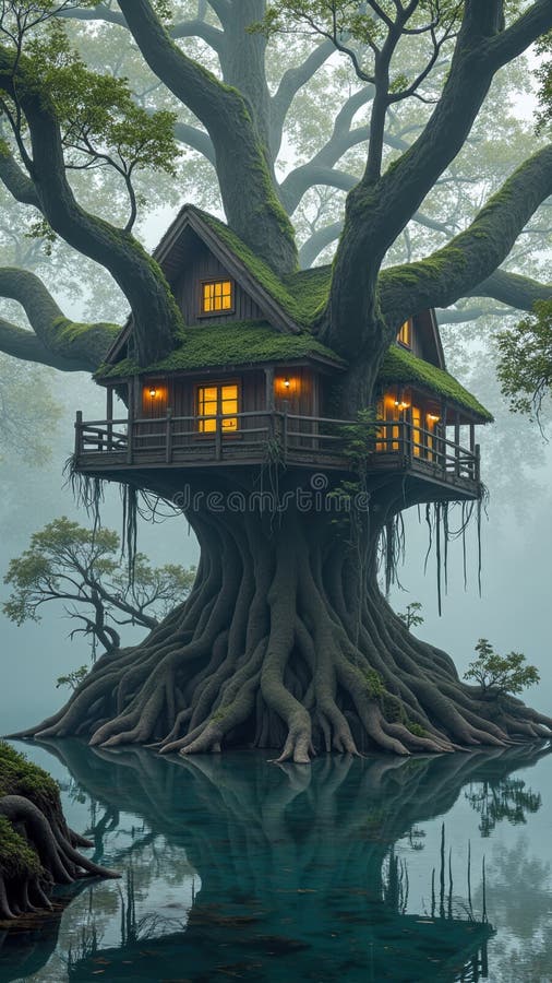 Enchanted Treehouse with Moonlit Sky Stock Image - Image of digital ...