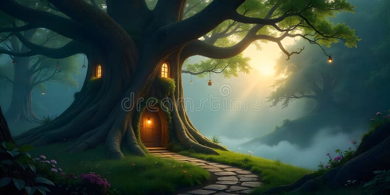 Enchanted Treehouse with Glowing Windows and Stone Path in Magical ...