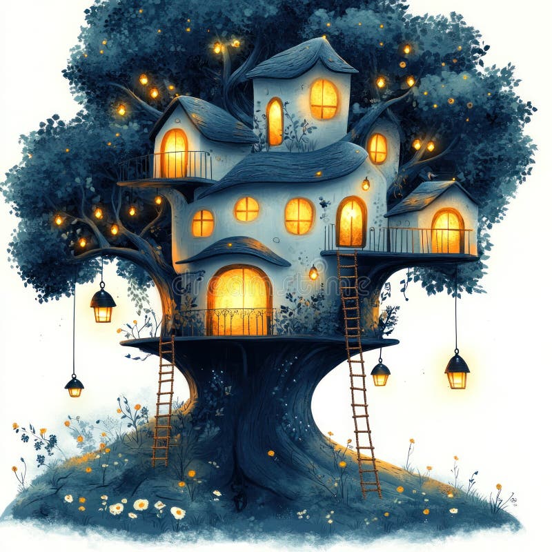 Enchanted Treehouse Illustration with Warm Lights and Ladders Stock ...
