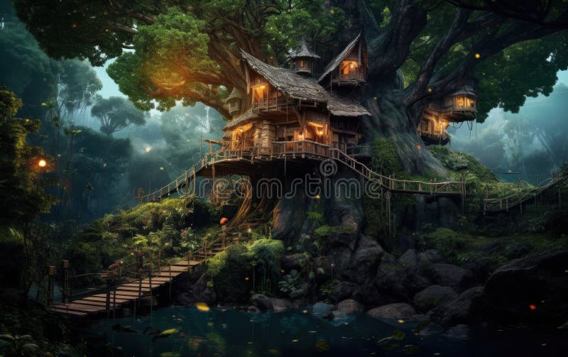 Enchanted Treehouse in a Lush Forest. Created by Generative Artificial ...