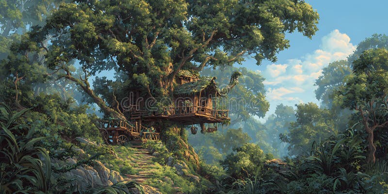 Enchanted Treehouse Lush Forest Setting Fantasy Art Stock Illustration ...