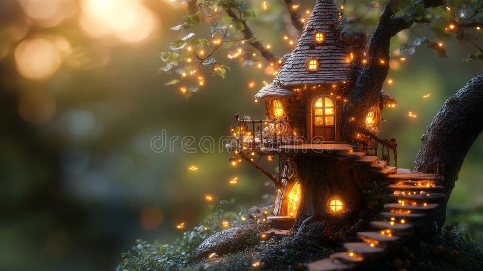 Enchanted Treehouse in a Magical Forest at Night Stock Illustration ...