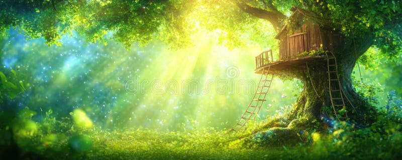 Enchanted Treehouse with Moonlit Sky Stock Image - Image of digital ...