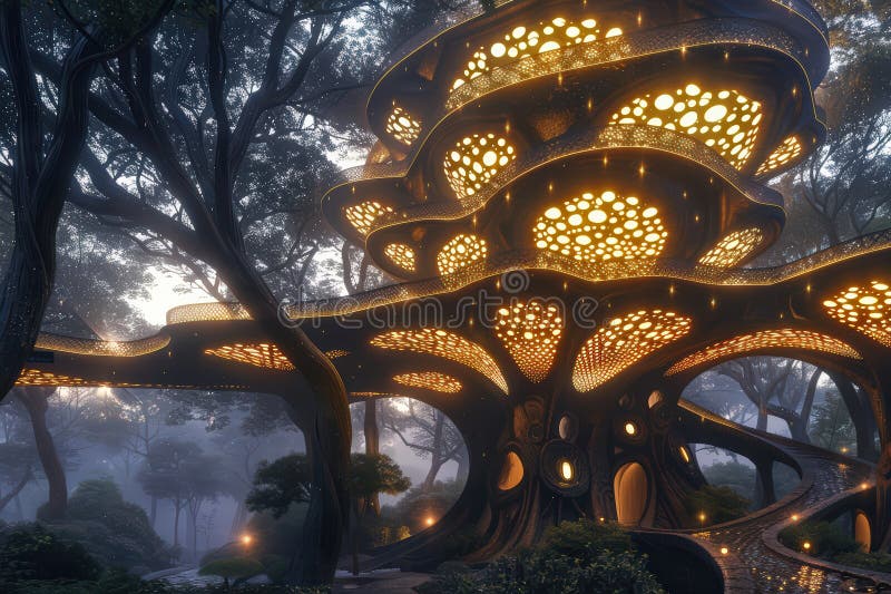 Enchanted Treehouse in a Misty Forest with Glowing Architecture Stock ...