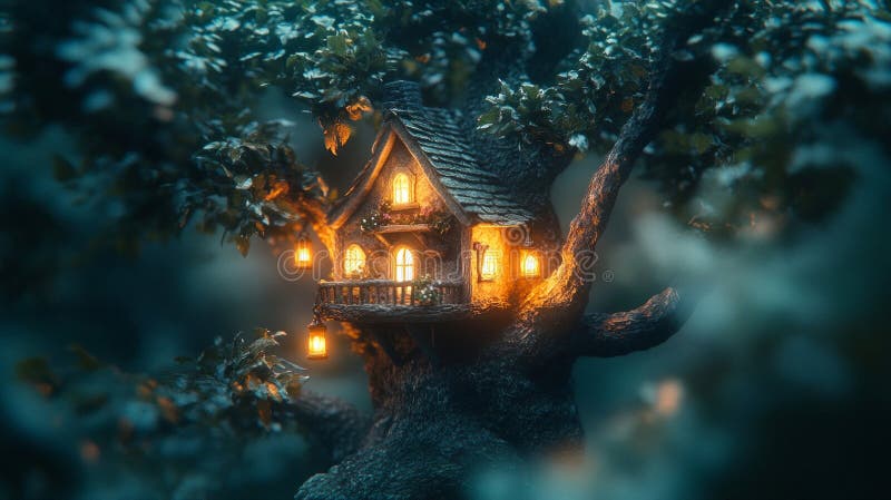 Enchanted Treehouse in a Misty Forest at Night Stock Illustration ...