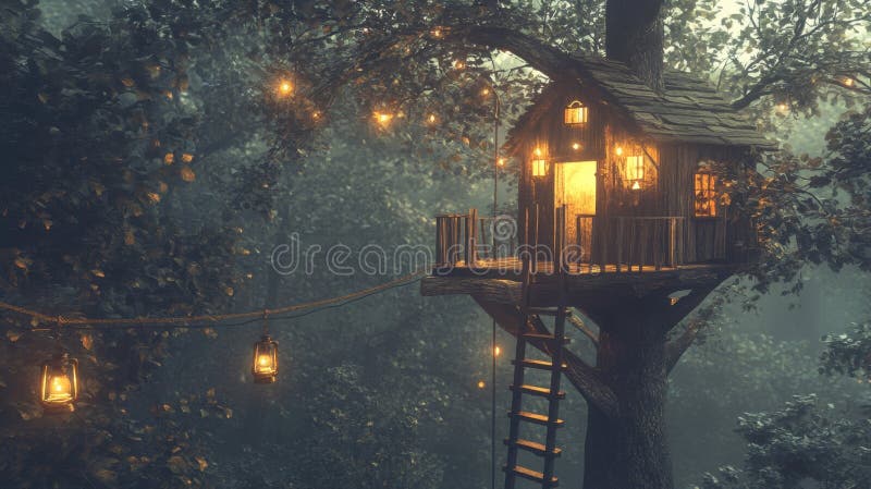 Enchanted Treehouse in a Misty Forest at Night Stock Illustration ...