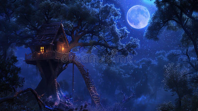 Enchanted Treehouse in a Moonlight Forest Stock Illustration - Illustration of peaceful, serene ...