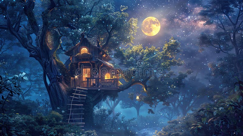 Enchanted Treehouse in a Moonlight Forest Stock Illustration - Illustration of serene, scenery ...