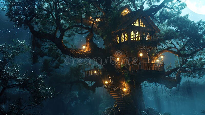 Enchanted Treehouse in a Moonlight Forest Stock Illustration ...