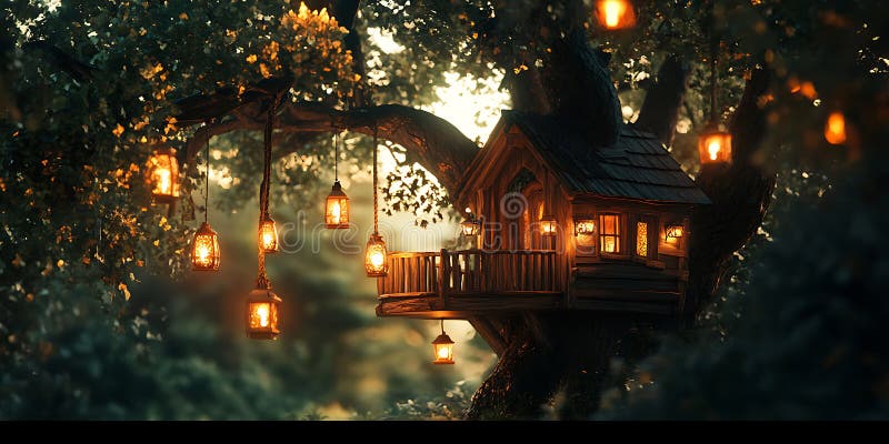 Enchanted Treehouse with Moonlit Sky Stock Image - Image of digital ...