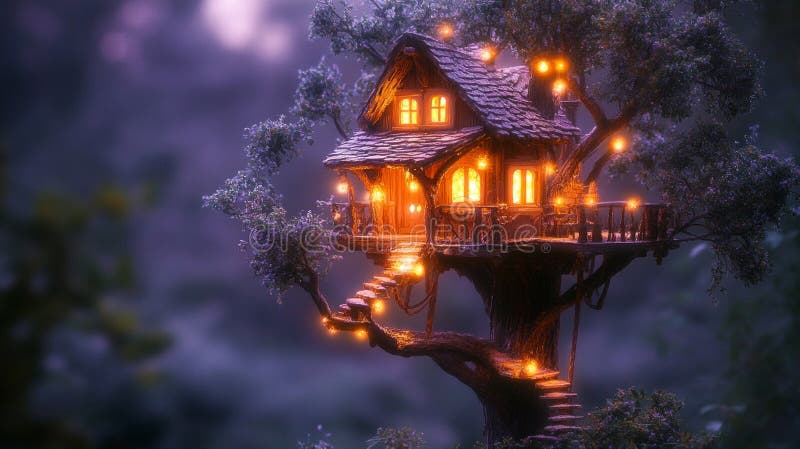 Enchanted Treehouse at Night in a Misty Forest Stock Illustration ...