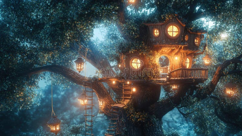Enchanted Treehouse at Night in a Mystical Forest Stock Illustration ...