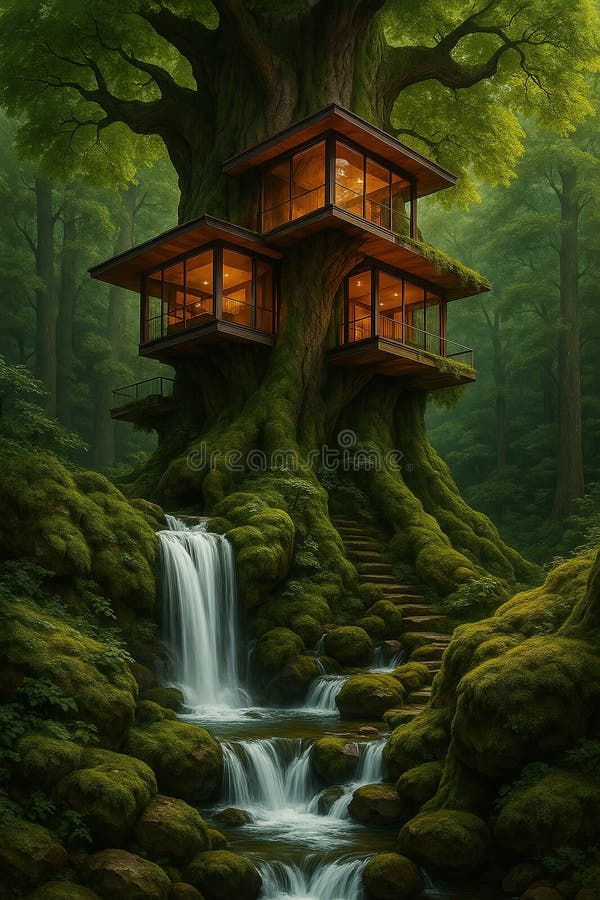 Enchanted Treehouse Overlooking a Tranquil Waterfall in Forest Stock ...