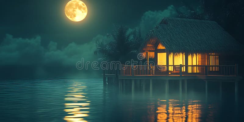 Enchanted Treehouse by the Sea Night Scene Wallpaper Stock Illustration ...