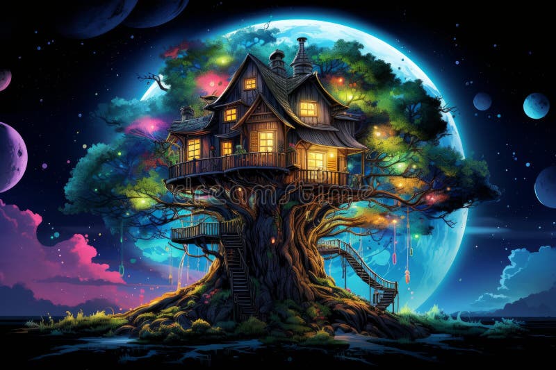 Enchanted Treehouse Under a Celestial Sky Stock Illustration ...