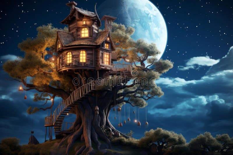 Enchanted Treehouse Under a Full Moon Night Stock Illustration ...