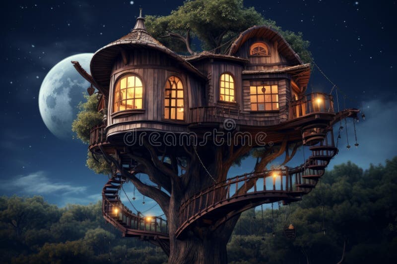 Enchanted Treehouse Under Moonlit Sky Stock Illustration - Illustration ...