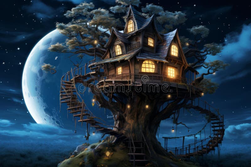 Enchanted Treehouse with Moonlit Sky Stock Image - Image of digital ...