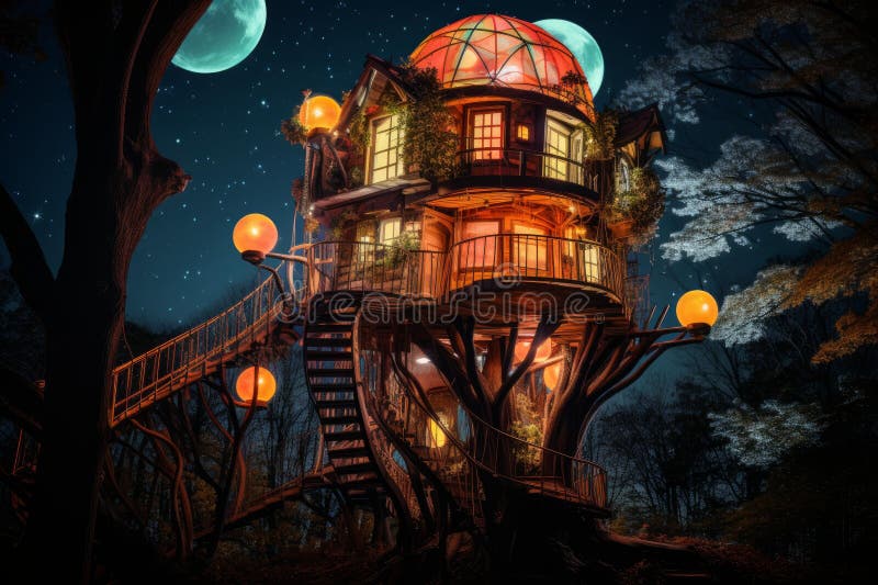 Enchanted Treehouse with Moonlit Sky Stock Image - Image of digital ...