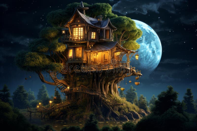 Enchanted Treehouse Under Moonlit Sky Stock Photo - Image of nature ...