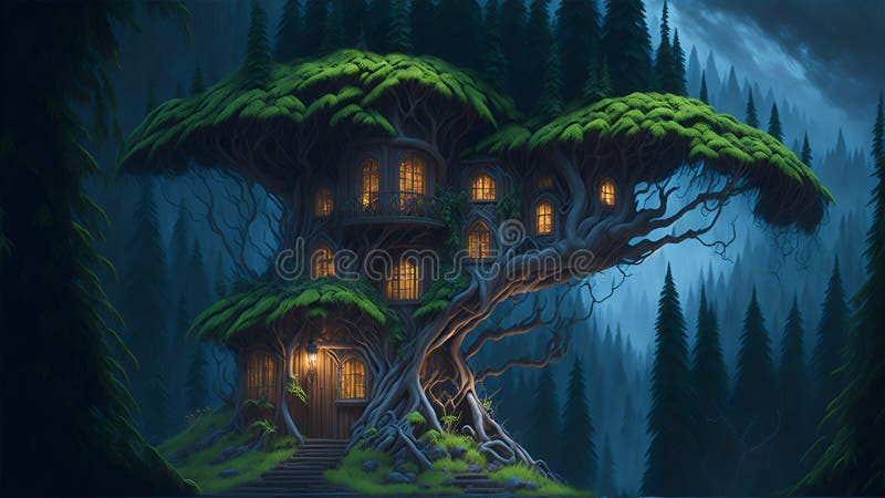 Enchanted Treehouse Valley,. Ai Generated Stock Illustration ...
