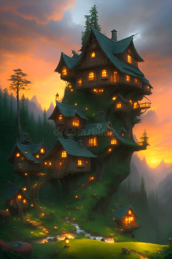 Enchanted Treehouse Valley, Generative AI Stock Illustration ...