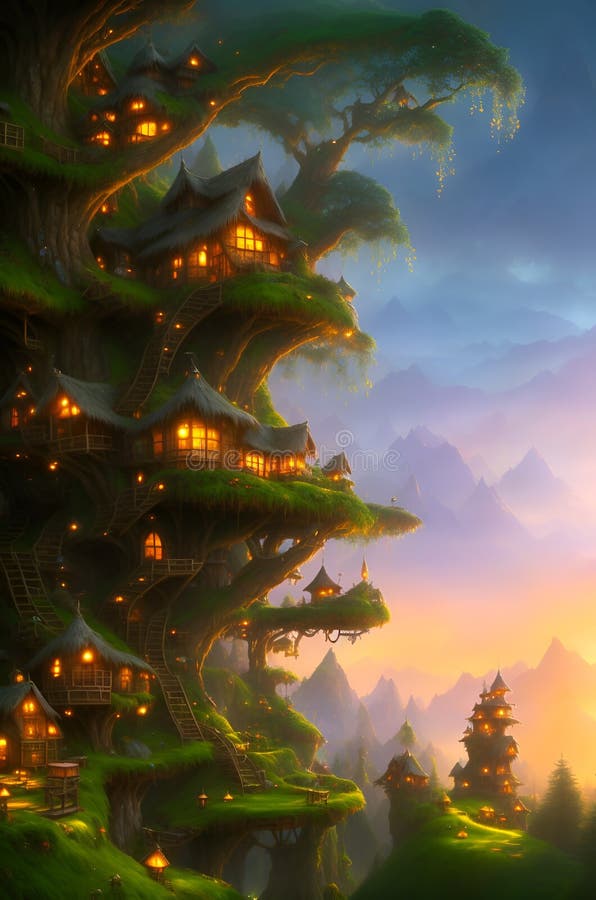 Enchanted Treehouse Valley, Generative AI Stock Illustration ...