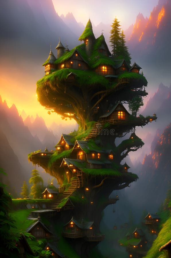 Enchanted Treehouse Valley, Generative AI Stock Illustration ...
